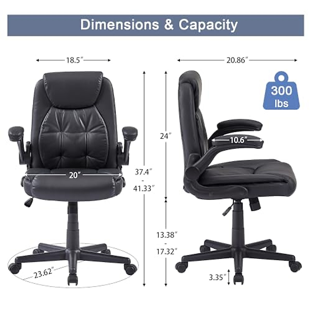 VECELO High Back, Jet Black Ergonomic Executive Chair with SGS Gas Lift, Lumbar Support, Adjustable Height and Rocking Mode, Flip-up Arms, 360°Silent Swivel for Home Office and Gaming
