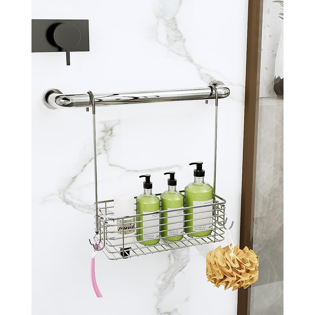 QIHS Shower Caddy Hanging Hanging Bathroom Door Organizer Shampoo Holder Shower Armpit Swivel Arm With 2 Storage Hooks, 304 Stainless Steel Rust Resistant