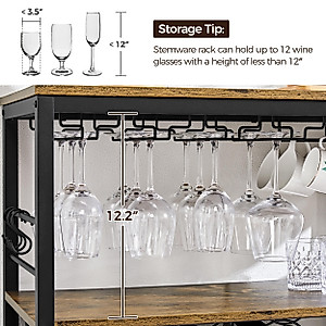 Yaheetech Wine Rack Table with Glass Holder, Industrial Wine Bar Cabinet with 25-Bottle Wine Storage and 6 Hooks, Coffee Bar Table Liquor Cabinet for Bar, Buffet, Living Room, Kitchen, Rustic Brown