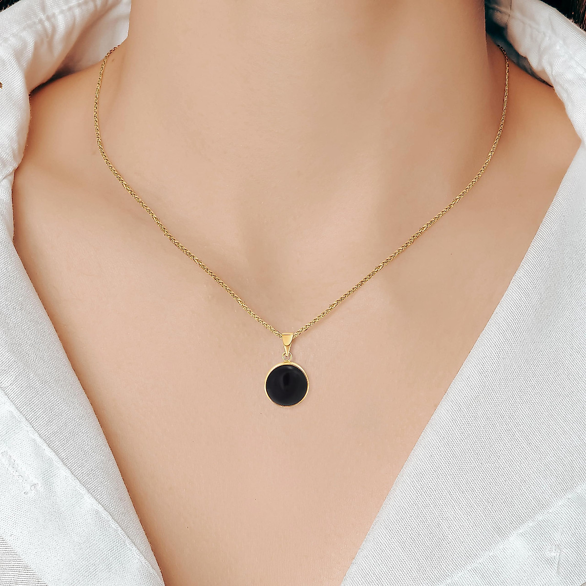 14K Gold Onyx Necklace - 14K Solid Yellow Gold Pendant, Dainty 12mm Round Black Onyx Gemstone, December Birthstone Handmade Minimalist Jewelry, Leo Star Sign Birthday Gift for Classy Women