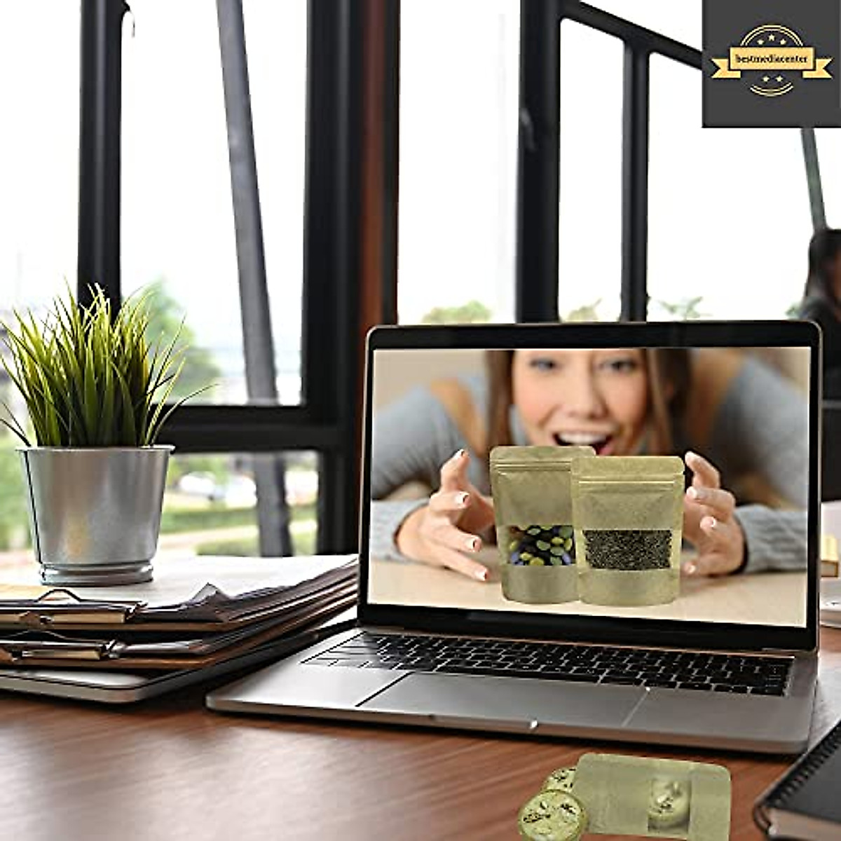 spear Kraft Paper Stand Up Food Storage - Bags with Window Zip Lock Pouch Bags,Resealable Seal Zipper Matt Small Treat Cookie Baked Goods Tea Bakery Rice for Packaging Brown 2 Different Sizes 100 pcs: 6 x 4 in(40pcs) and 4x3 in(60pcs) and 1 Bamboo Wood Sp