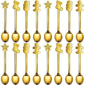 16 Pieces Christmas Spoon Set Christmas Stirring Spoon Creative Stainless Steel Coffee Spoon Tea Spoon Soup Spoon Dessert Spoon for Stirring Drink Mixing Milkshake Jam, 4 Styles (Gold)