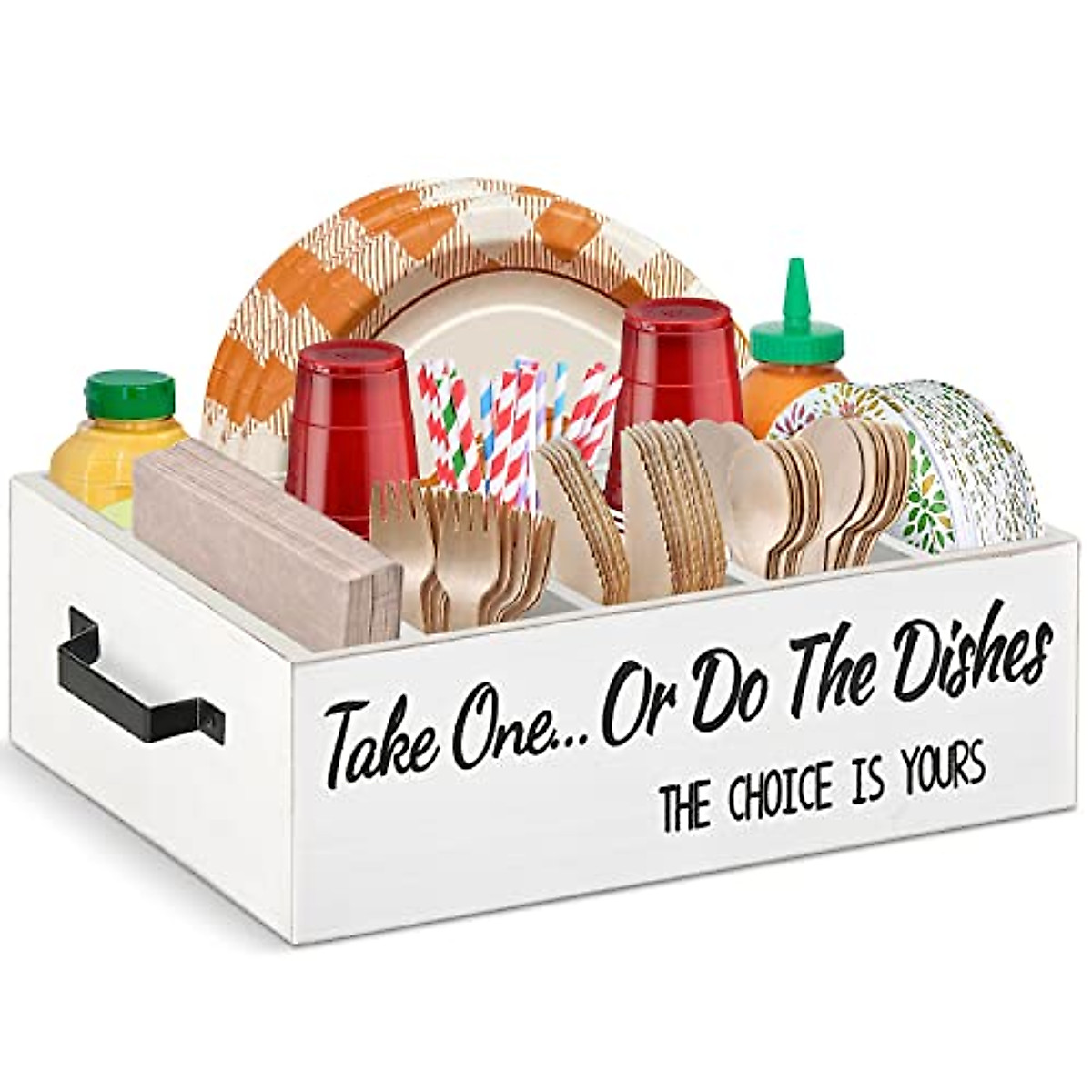 Kitchen Countertop Paper Plate Holders Utensil Caddy, Wood Utensil Holder Organizer for Plate Cup Fork Knives Spoon Napkin, Silverware Caddy Holder Condiment Caddy Organizer for Party Camping BBQ