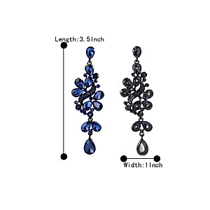 BriLove Wedding Bridal Dangle Earrings for Women Victorian Style Crystal Cluster Teardrop Leaves Dangle Earrings Navy Blue Sapphire Color Black-Silver-Tone