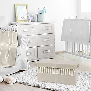 Sweet Jojo Designs Boho Bohemian Boy Girl Small Fabric Toy Bin Storage Box Chest For Baby Nursery Kids Room - Solid Taupe Beige Ivory Cream Off White Linen Farmhouse Shabby Chic Modern Tassel Neutral