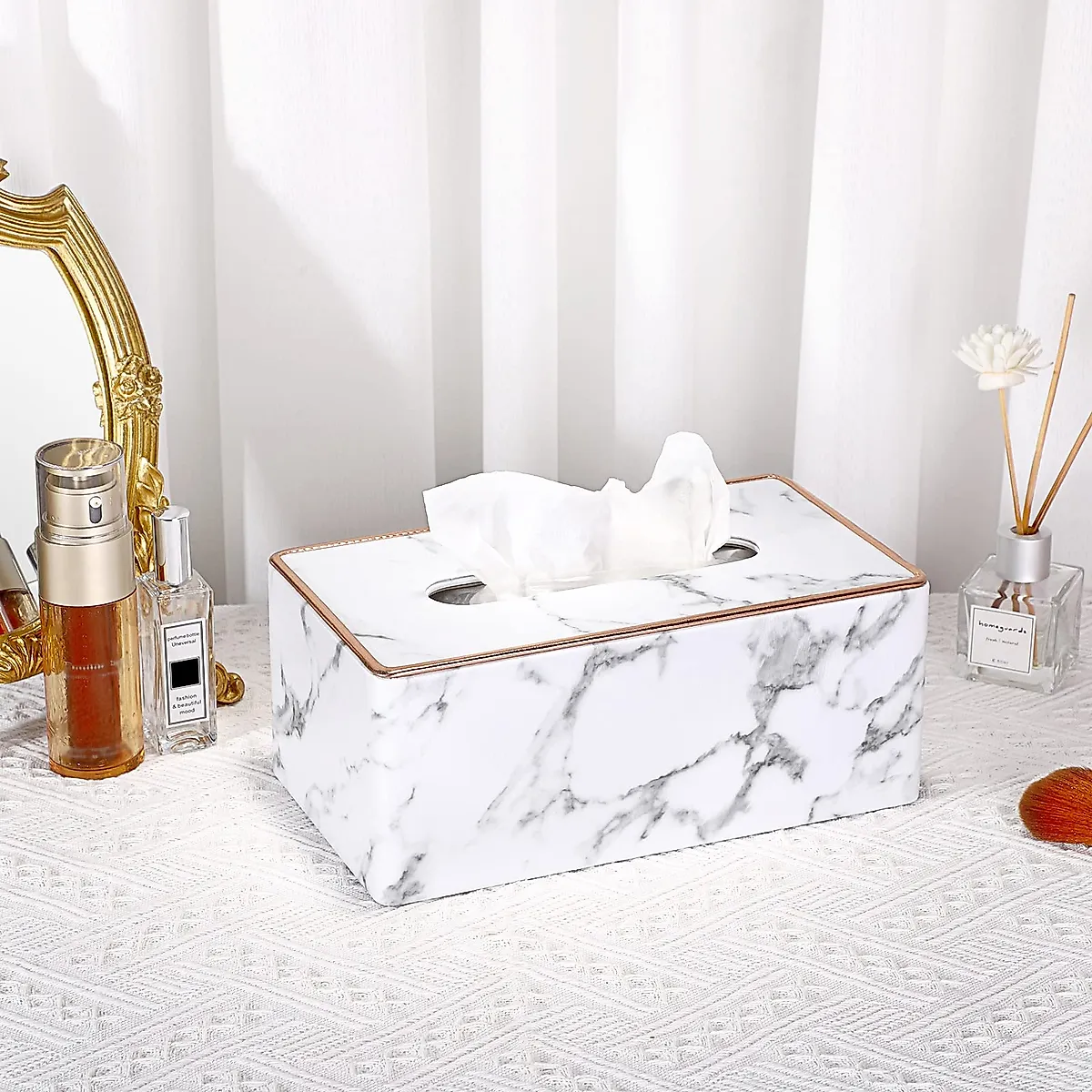 Sumnacon Rectangular Leather Tissue Box Cover - Stylish Tissue Box Holder with Magnetic Bottom, Decorative PU Tissue Box for Vanity Dresser Night Stand Table Countertop Home Office Car, Marble White