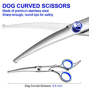 FAIGEO Professional Dog Grooming Scissors Kit, Titanium Coated Dog Scissors for Grooming, Grooming Shears Kit - Thinning, Curved Scissors and Comb for Dog Cat Pet (Blue 4 in 1)