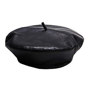 MINGSEECESS Women PU Leather French Black Beret Hat Causal Beanie Hat