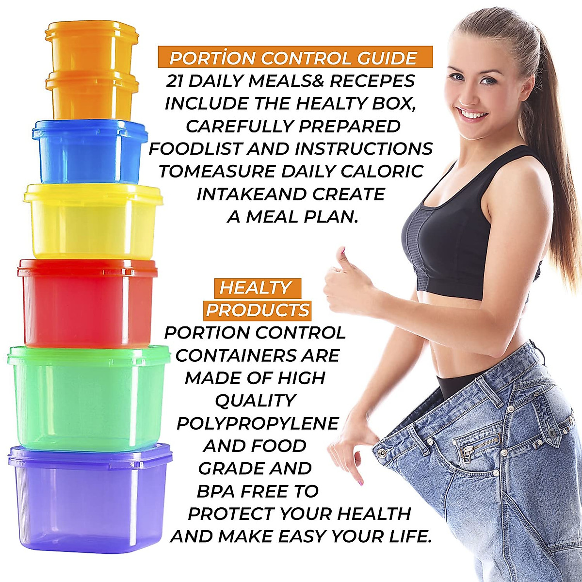 Portion Control Container and Food Plan (Labeled 14 Pcs) - 21 Day Portion Control Container Kit for Weight Loss - 21 Day Tally Chart with e-Book