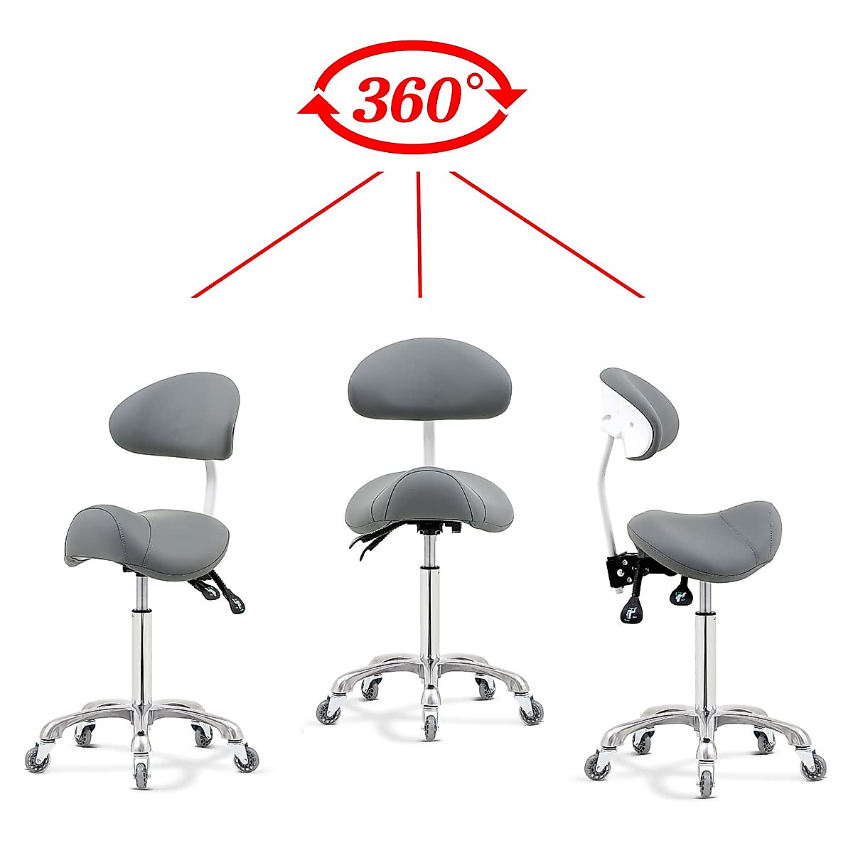 Saddle Stool Rolling Chair with Back Support,Esthetician Tattoo Dental Stool Chair,Lash Chairs for Eyelash Tech Massage Salon(Grey,with Backrest)