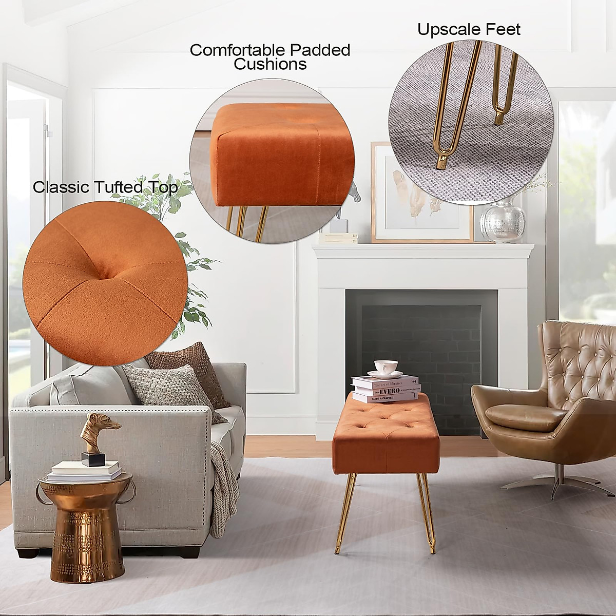 SIMTONAL Velvet End of Bed Bench Upholstered Button Tufted Bench Entryway for Bedroom and Living Room, Brown