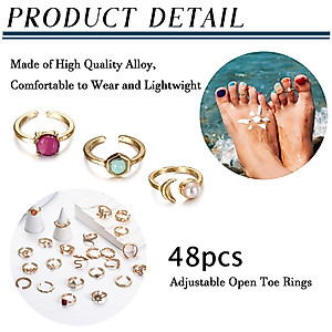Subiceto 48Pcs Open Toe Rings Set for Women Men Adjustable Vintage Retro Knuckle Ring Bohemian Toe Finger Tail Ring Summer Beach Foot Jewelry Gold