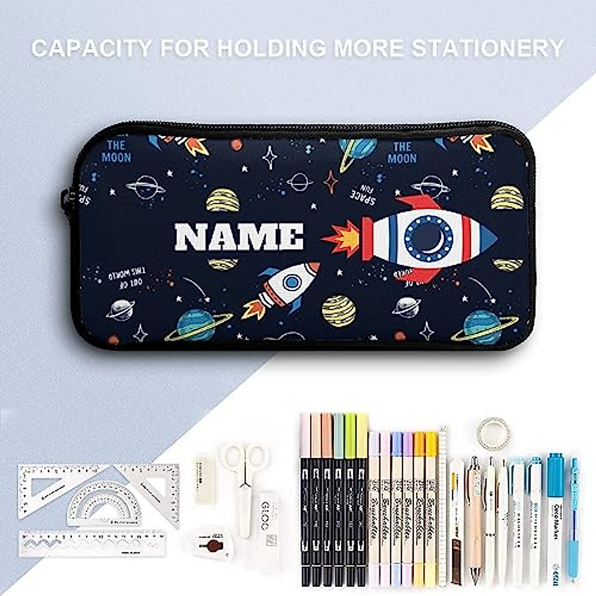 Aicihert Custom Galaxy Planet Rocket Backpack Personalized 3 Piece Set Backpack with Your Name Text School Bag Customized Bookbag with Lunch Box And Pencil Case Set for Boys Girls Student