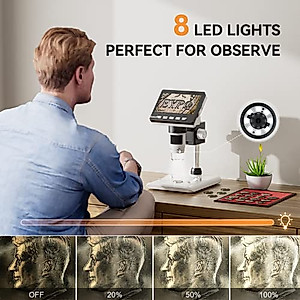 Elikliv EDM43 4.3" Coin Microscope, LCD Digital Microscope 1000x, Coin Magnifier with 8 Adjustable LED Lights, PC View, Windows Compatible(White)