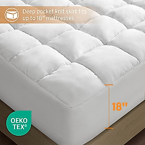 Intelligent Design Twin Mattress Pad, Overfilled High Density Down Alternative Fill, Extra Fluffy 3D Puff Mattress Topper Soft Microfiber Mattress Cover, Fitted Pocket Fits Up to 18", Queen, White