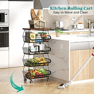 CHLORYARD Fruit Basket with Wooden Lid for Kitchen, 5-Tier Stackable Wire Fruit Vegetable Storage Basket Organizer Stand on Wheel, Produce Basket Potato Onion Storage Bins Rack Cart for Pantry