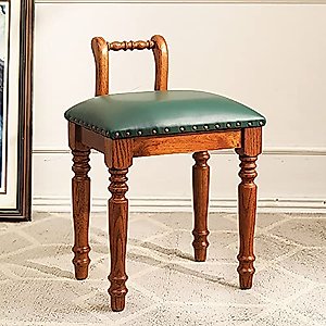 SoOSSN Rustic Vanity Stool with Back,Leather Upholstered Plan Bench Seat Dressing Stool,Wooden Carved Accent Chair Makeup Stool for Bedroom Living Room (Color : F, Size : 16x12x23inch)