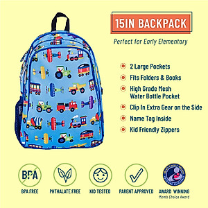 Wildkin 15 Inch Backpack Bundle with 14 Ounce Steel Reusable Water Bottle (Trains, Planes & Trucks)