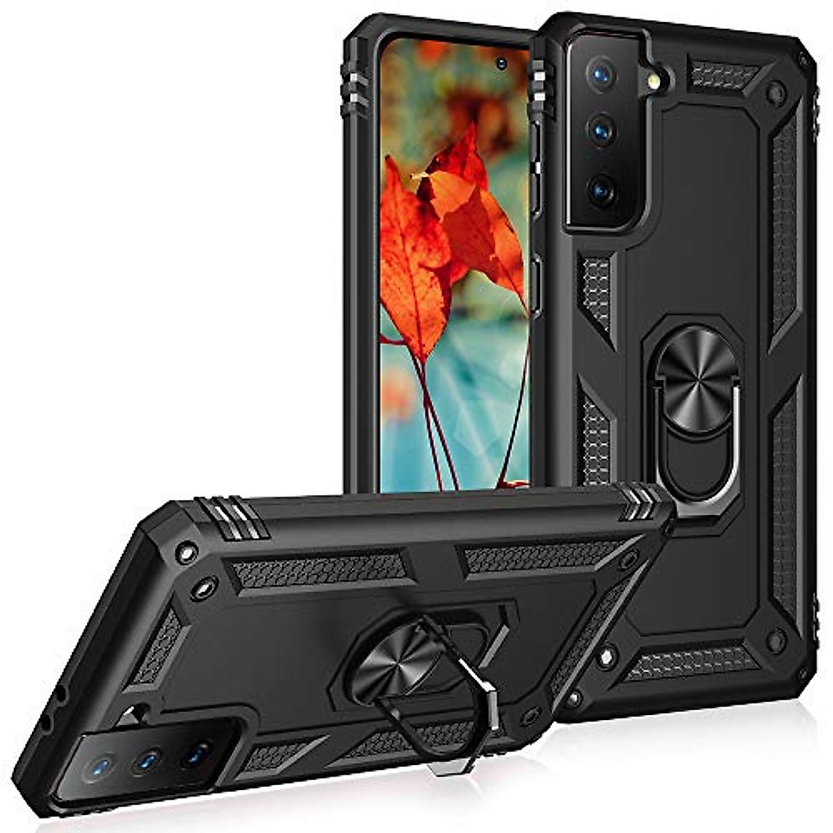 Military Grade Drop Impact for Samsung Galaxy S21 Plus Case Galaxy S21 Plus 5G Case 360 Metal Rotating Ring Kickstand Holder Armor Heavy Duty Shockproof Case for Galaxy S21 Plus Phone Case (Black)