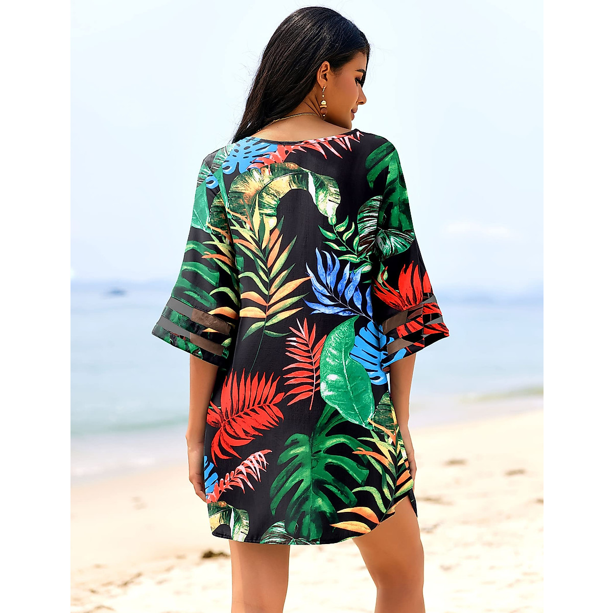 Ekouaer Women's Beach Coverups 3/4 Mesh Sleeve Bathing Suit Cover Ups Hawaiian Print Beach Dress Loose Fit Swimwear Beach Dress
