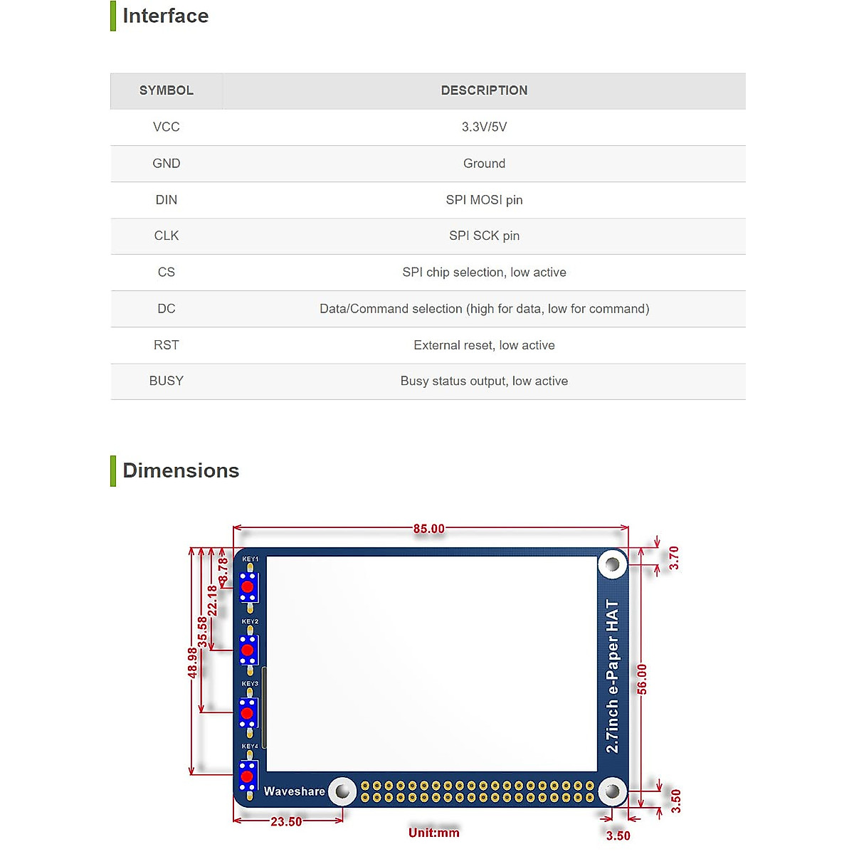 waveshare 2.7inch E-Ink Display HAT Compatible with Raspberry Pi 4B/3B+/3B/2B/B+/A+/Zero/Zero W/WH/Zero 2W Series Boards 264x176 Resolution SPI Interface