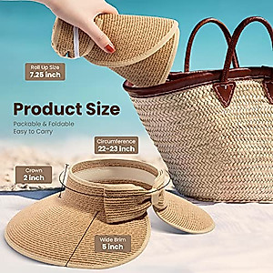 Summer Sun Visors for Women Wide Brim Roll Up Straw Beach Sun Visor Hats Womens Sun Hat Women Beach Hats for Women Foldable Sun Hats for Women, Natural Visors for Women