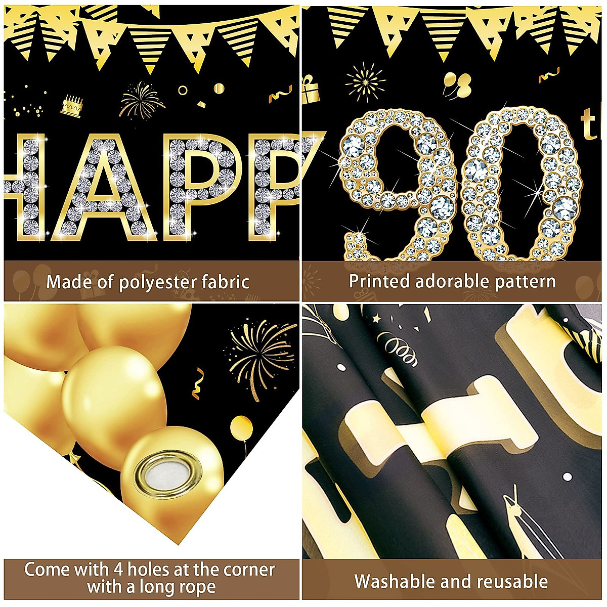 90th Birthday Banner Decorations for Women Men, Black Gold Happy 90 Year Old Birthday Sign Party Supplies, Ninety Birthday Photo Booth Props Decor(9.8 X 1.6ft)