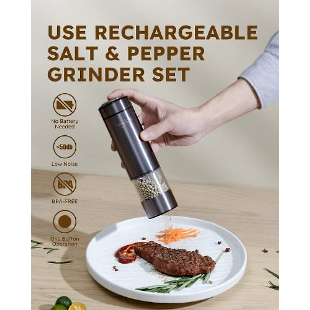 Sangcon Electric Salt and Pepper Grinder Set - USB Rechargeable - Automatic Black Pepper & Sea Salt Spice Mill - Adjustable Coarseness - One Hand Operation - LED Light Refillable - Metallic Gunmetal