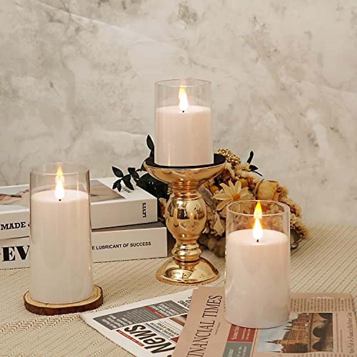 Amagic Acrylic Flameless Candles, Battery Operated Candles, Flickering LED Pillar Candles with Remote Control and Timer, Yellow and Blue Glow, Set of 3