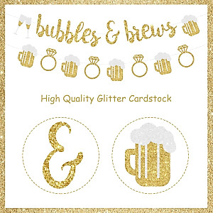 Sursurprise Gold Glitter Bubbles & Brews Banner, Beer Diamond Ring Garland, Bubbly Bar Sign for Funny Engagement Party Decorations Bridal Shower Wedding Bachelorette Supplies
