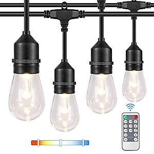 3 Color Dimmable LED Outdoor String Lights with Remotes, 48FT Waterproof Patio Hanging Lights with Shatterproof E26 S14 LED Bulbs for Bistro Cafe Pergola Party, Warm White/Nature White/Daylight White