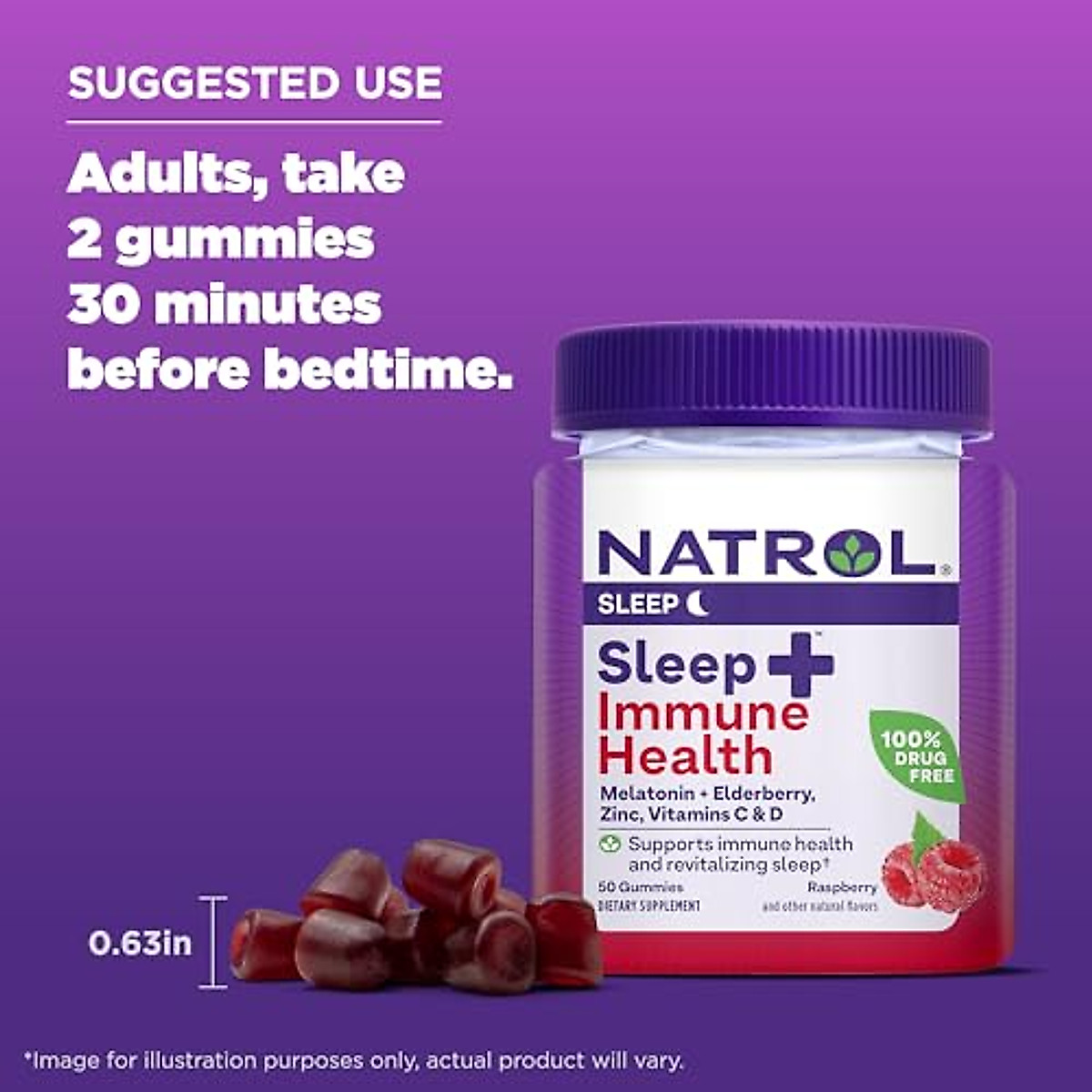 Natrol Sleep+ Immune Health Gummy, Sleep Aid & Immunity Support, Elderberry, Vitamins C, D and Zinc, Drug Free, 50 Berry Flavored Gummies