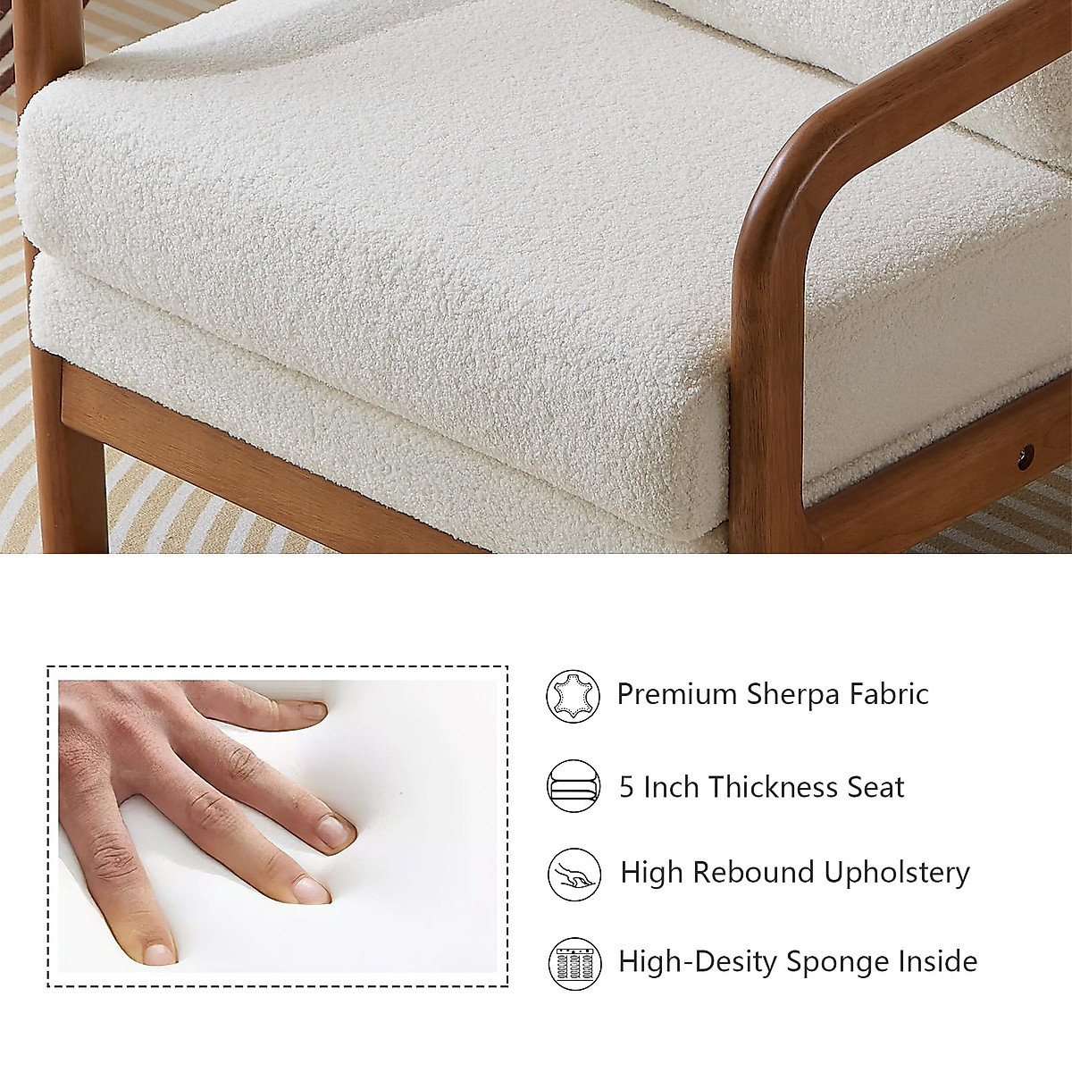 Hommoo Mid Century Modern Accent Chair Teddy Sherpa Upholstered Armchair Cream Accent Chair for Living Room Bedroom Comfortable Leisure Chair with Wood Frame White