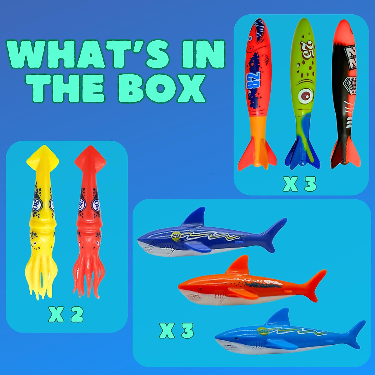 Diving Torpedo Pool Toys: Underwater Sinking Sharks, Squids, and Torpedoes - Kids' Outdoor and Indoor Swimming Activity Toy Set