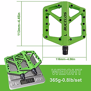 BUCKLOS Mountain Bike Pedals MTB Pedals Flat, Bicycle Road Bike Adult Large Platform Pedal with Non-Slip Grips for Gravel/Ebike/Hybrid Bikes/Beach Cruiser(9/16 Nylon Green)