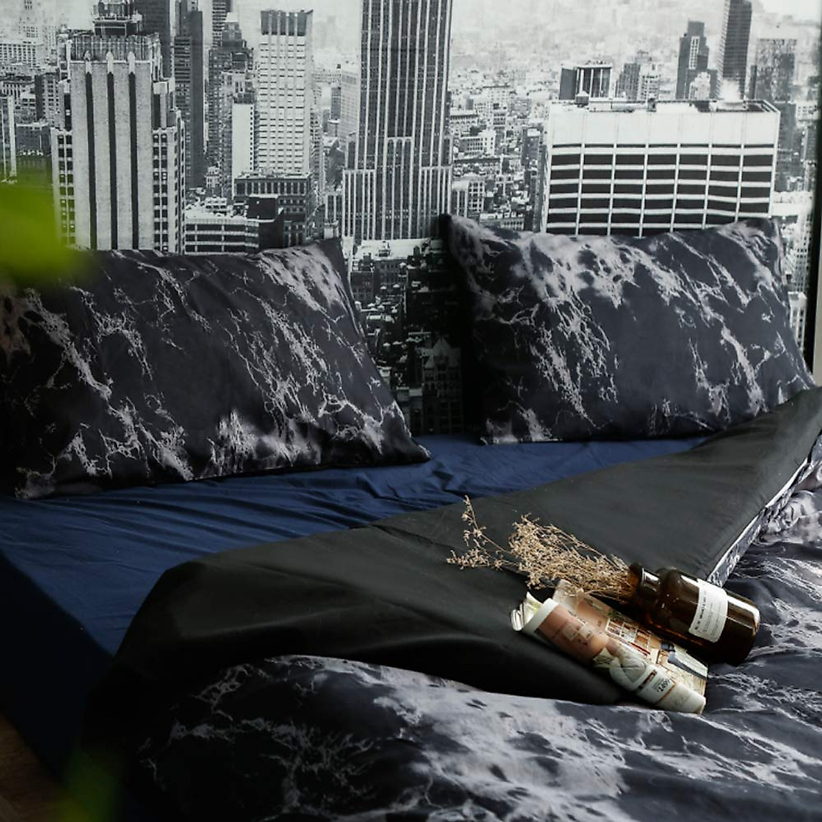 Spring Meow 2024 Upgraded Black Twin Duvet Cover, 100% Washed Duvet Cover Set, Marble Bedding, 3 Pieces with Zipper Closure, 1 Duvet Cover 68x90 inches and 2 Pillow Shams