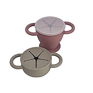 BraveJusticeKidsCo. | Snack Attack II Baby Silicone Snack Cup | 2 pack | Collapsible Toddler Snack Cup (Fog and Dusty Rose)