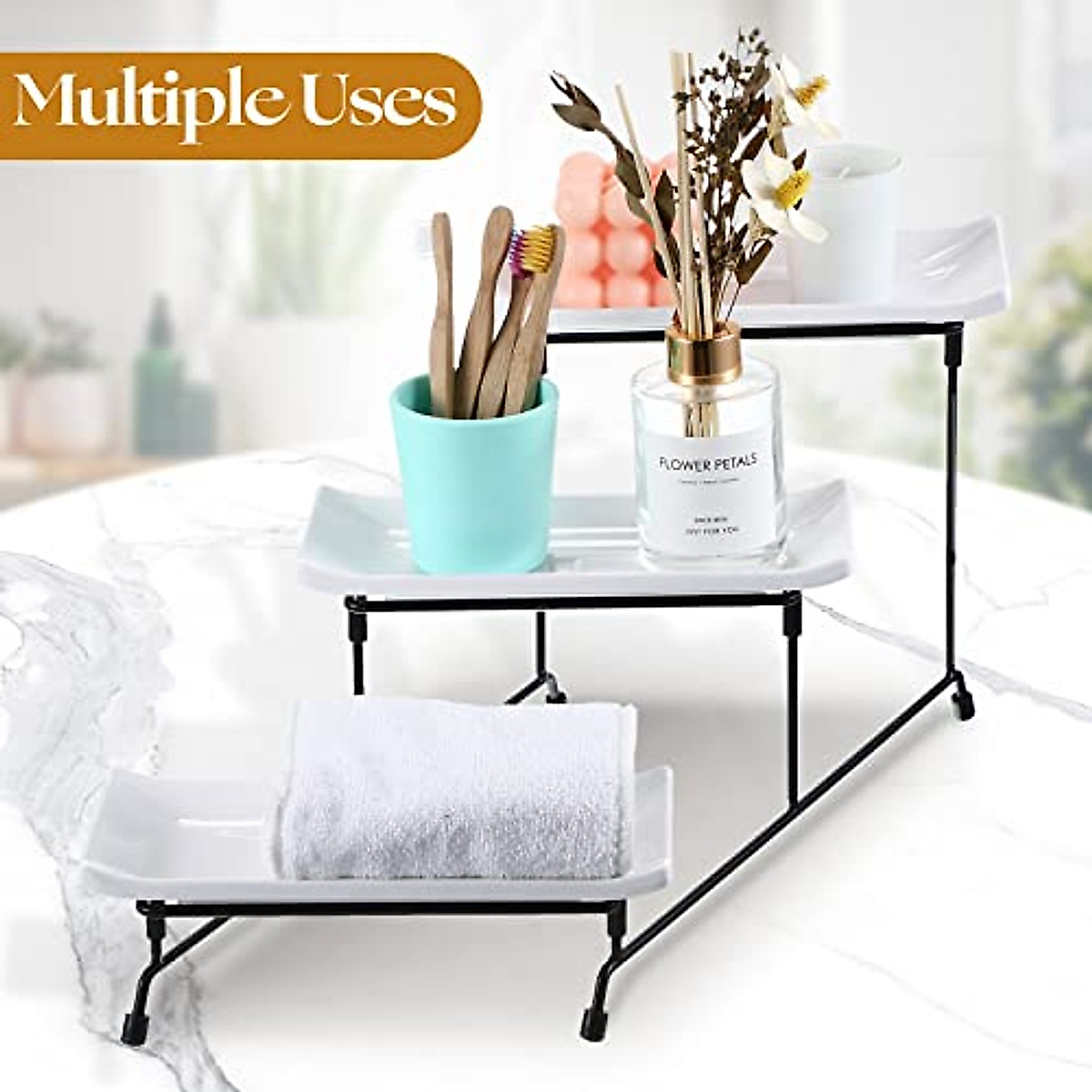3 Pcs 3 Tier Serving Trays Rectangular 3 Tier Serving Stand Collapsible Sturdier Metal Rack Melamine Tiered Serving Tray Platters for Entertaining Fruit Food Display Dessert Cupcake Party (Black)