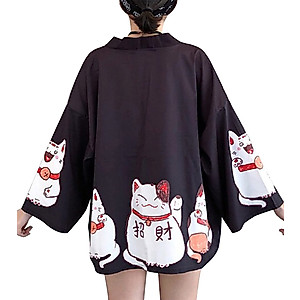 LAI MENG FIVE CATS Women's Lucky Cat Cardigan Kimono Loose Cover up Casual Blouse Cute Tops