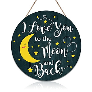 CHDITB Love You To The Moon And Back Wood Sign Wall Decor, Moon Star Wooden Door Hanging Art, Family Love Words Wood Art Plaque for Children Wife Bedroom Nursery (12''x12'')