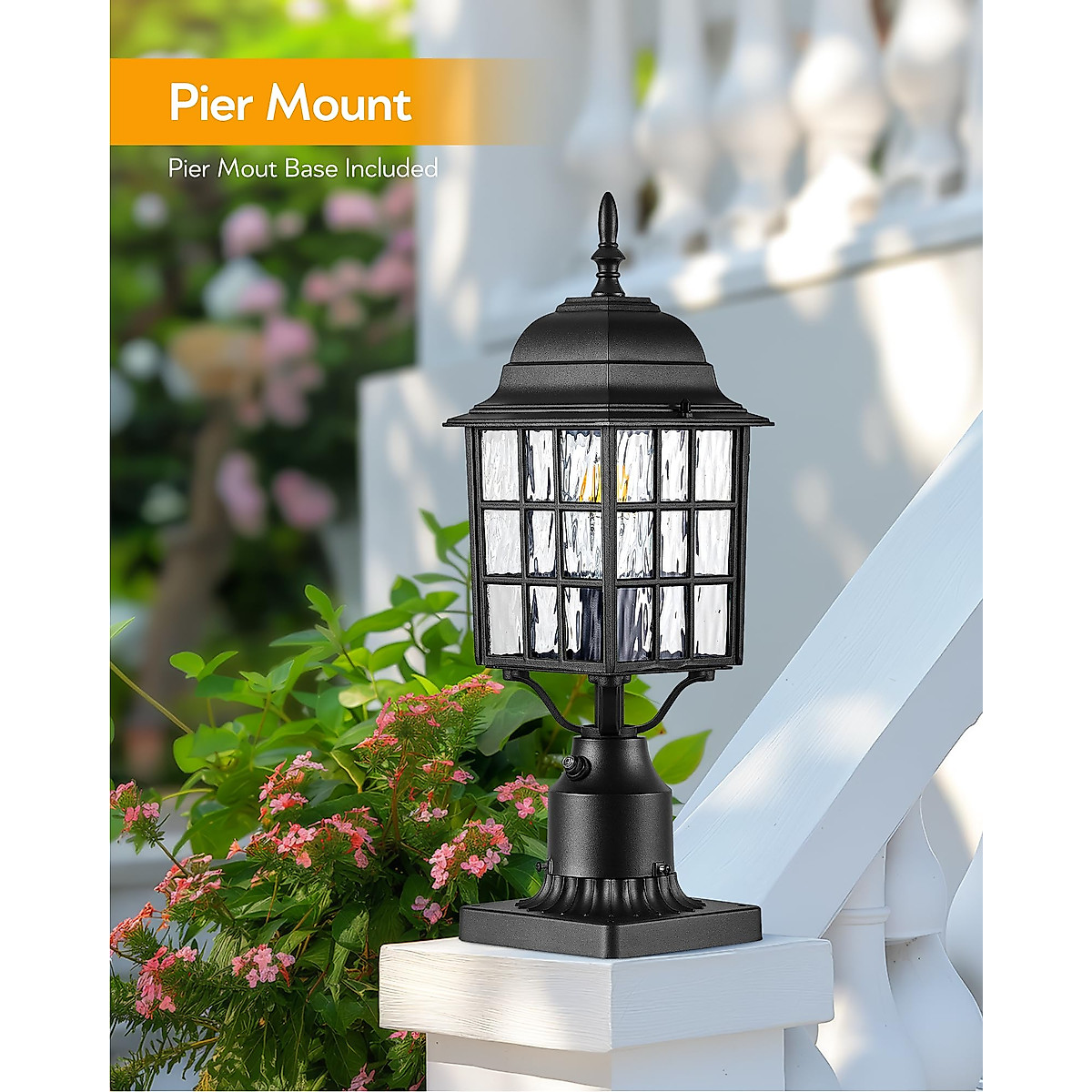 VIANIS Dusk to Dawn Outdoor Post Lights with 3-inch Pier Mount Base, 19.3" Exterior Post Lantern Fixture with Tempered Glass, Anti-Rust Die-Cast Aluminum Light Posts for Outside, Matte Black Lampost