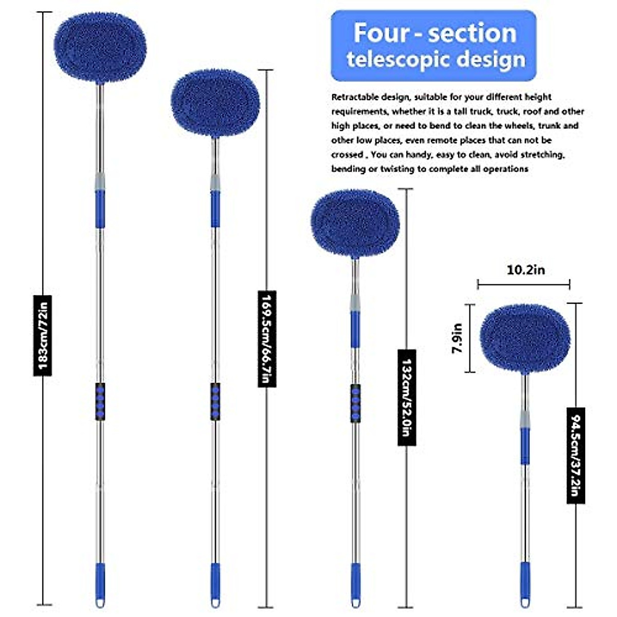 66'' Car Wash Brush with Long Handle, Chenille Microfiber Soft Car Wash Mop Cleaning Tool Kit with 15° Labor-saving Elbow Extension Stainless Steel Pole & Replacement Head for Clean RV SUV Truck House