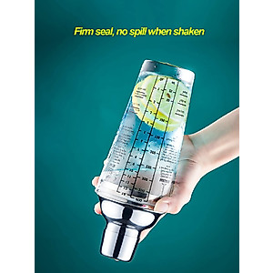 14oz Glass Cocktail Shaker,Martini Shaker Printed with 6 Drink Recipes，Measured Mixing Glass and Stainless Steel Top Drink Shaker, Best Gift for Beginner