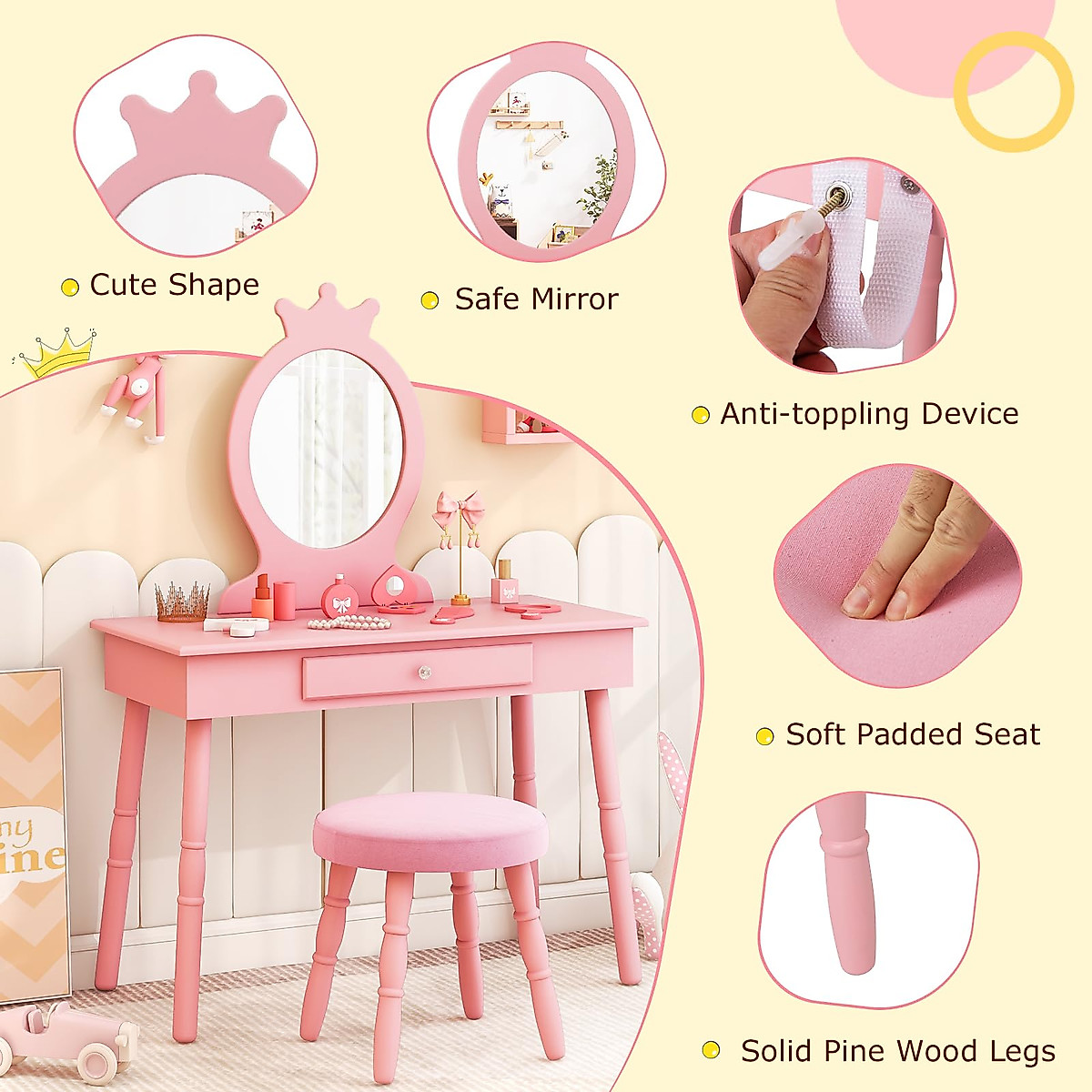 HONEY JOY Pink Crown Makeup Vanity, Includes Chair & Real Glass Mirror, Large Engineered Wood Kids' Vanity Set, Safe & Sturdy, Easy to Install & Clean, Pink