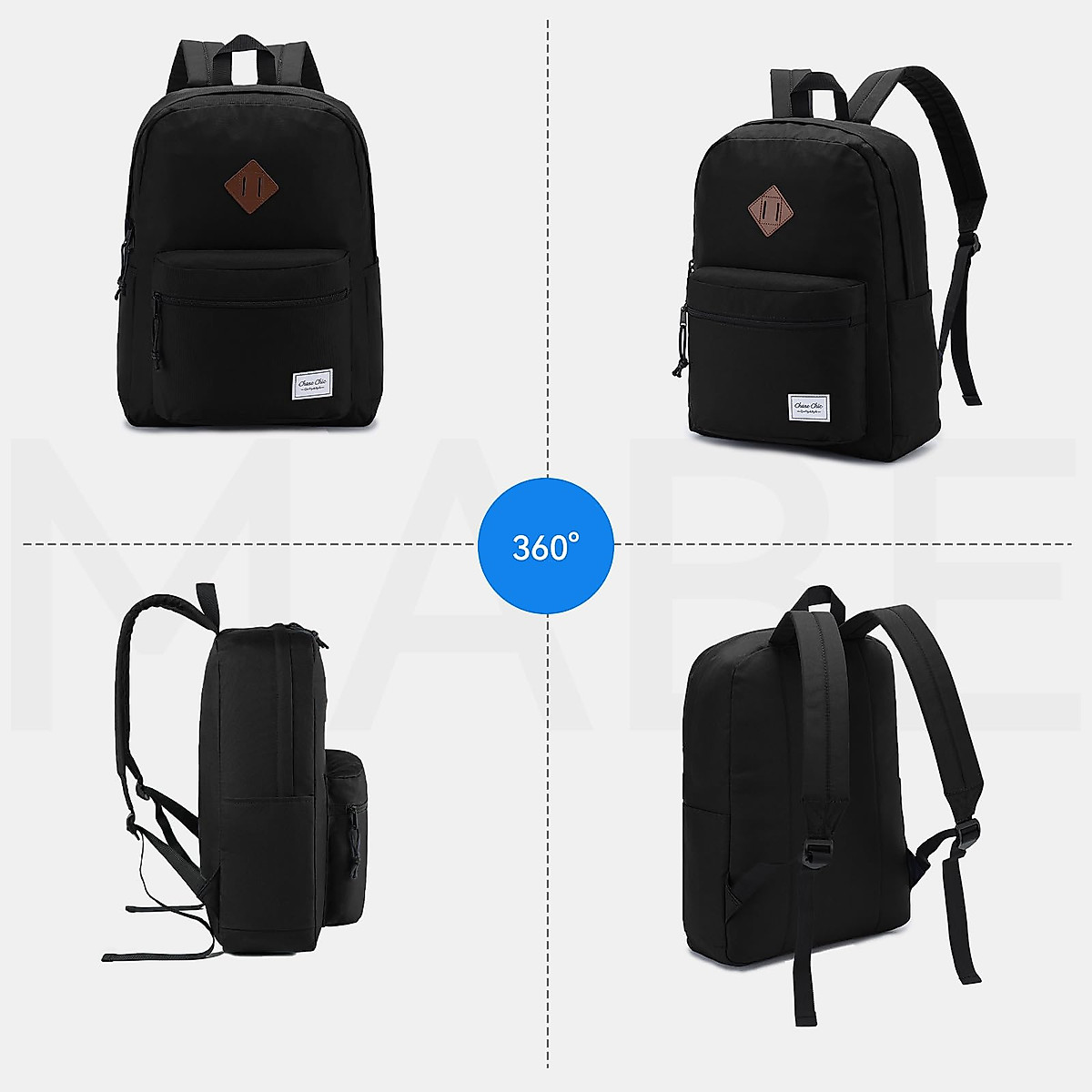 School Backpack, Chase Chic Casual Backpack Black Unisex Classic Lightweight Water Resistant Rucksack Travel Backpack Fits 15.6 Inch Laptop