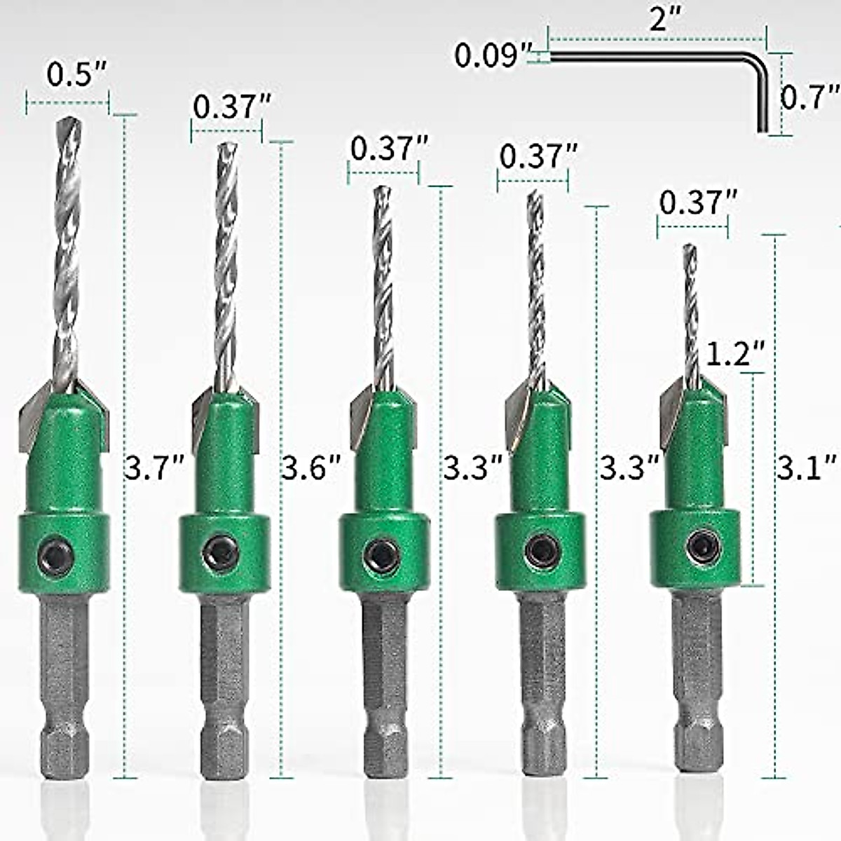 KOWOOD Pro Countersink Drill Bit Set #4, 6, 8, 10, 12, 5-Piece for Wood,High Speed Steel Woodworking Carpentry Reamer with 1 Free Hex Key Wrench