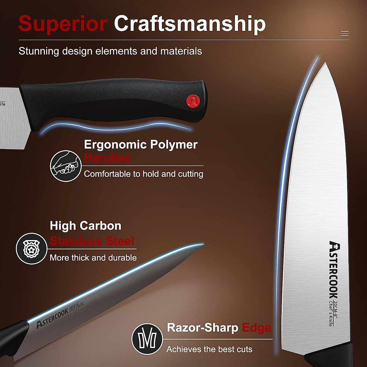 Astercook Kitchen Knife Set, 15 Pieces knives Set with Built-in Sharpener, High Carbon German Stainless Steel Chef Knife Block Sets, Sharp & Rust Resistant Dishwasher Safe Black