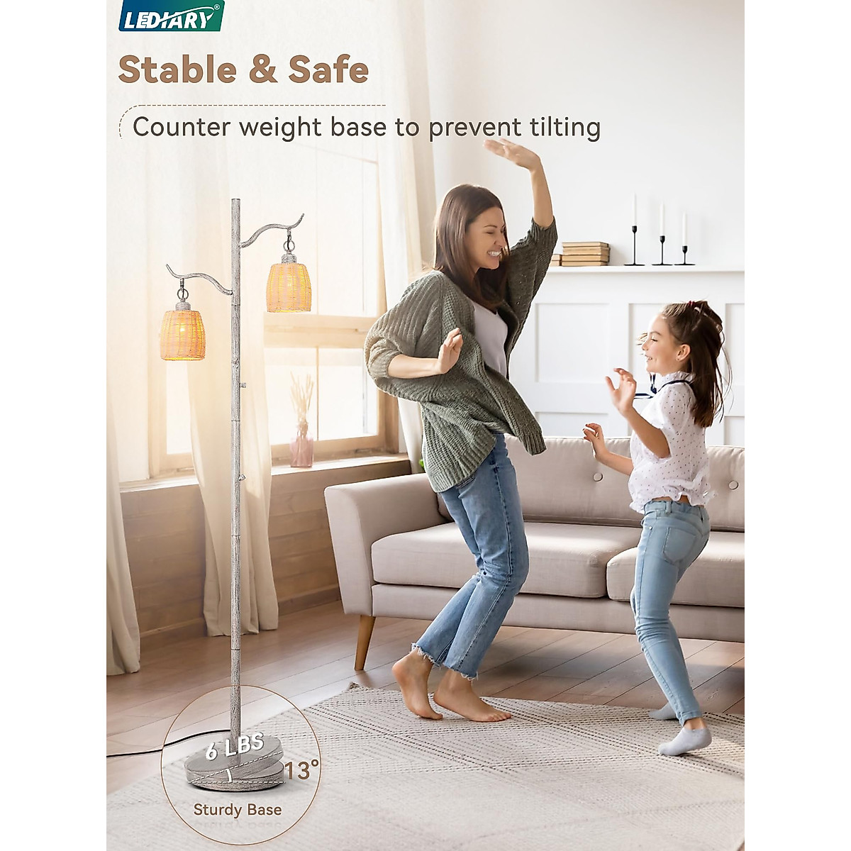 LEDAIRY Farmhouse Rustic Country Cottage Floor Lamp, Dimmable Boho Floor Lamp, Tree Trunk Faux Wood Column Standing Lamp with Wicker Drum Shade, White Washed