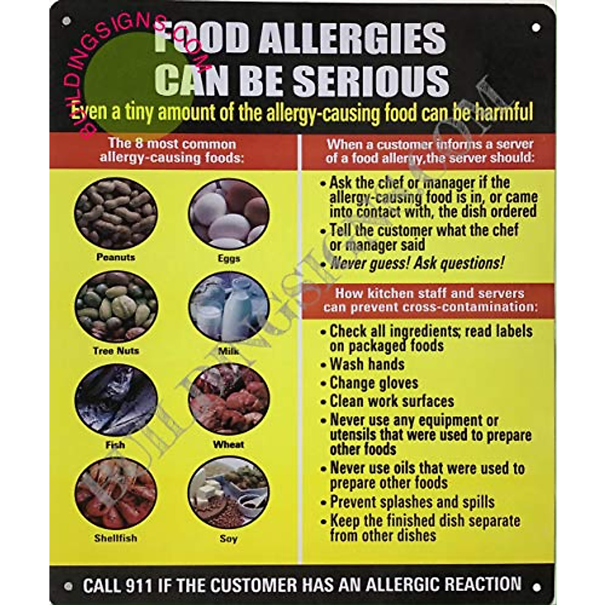 BUILDINGSIGNS.COM Food Allergies CAN BE SERIOUS Sign (Aluminium-Rust Free,Yellow/Black, Size 10X12)-NYC LINE