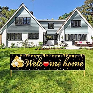 Welcome Home Banner Decorations, Black Gold Welcome Back Home Family Yard Banner Party Supplies, Patriotic Military Homecoming Army Deployment Returning Back Decor for Indoor Outdoor